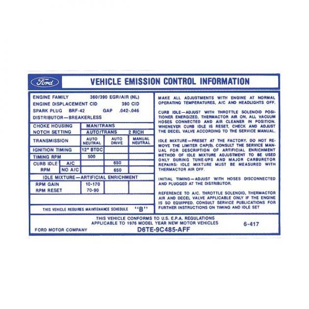 Ford Pickup Truck Emissions Decal - 390 - Automatic Transmission - D6TE ...